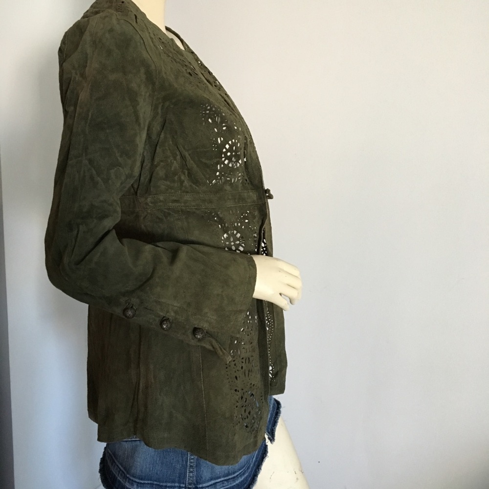 Green Genuine Leather Suede Jacket With Laser Cut Det… - Gem